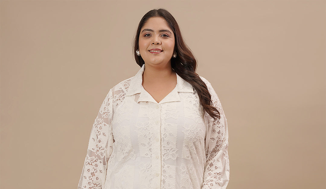 Women White Lace Plus Size Co-Ord Set