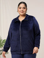 Women Plus Size Navy Blue Soft Velvet Full-Zip Jacket