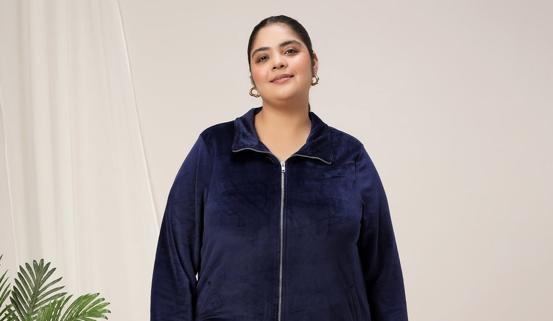 Women Plus Size Navy Blue Velvet Co-Ord Set