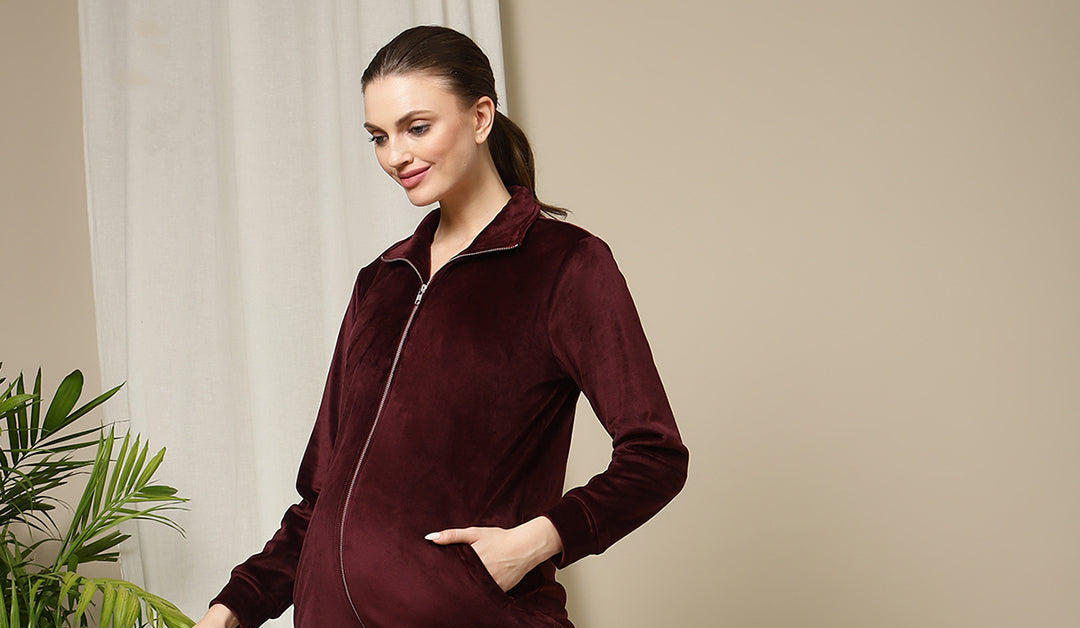 Buy 2pc. Maternity Winter Velvet Set- Burgandy